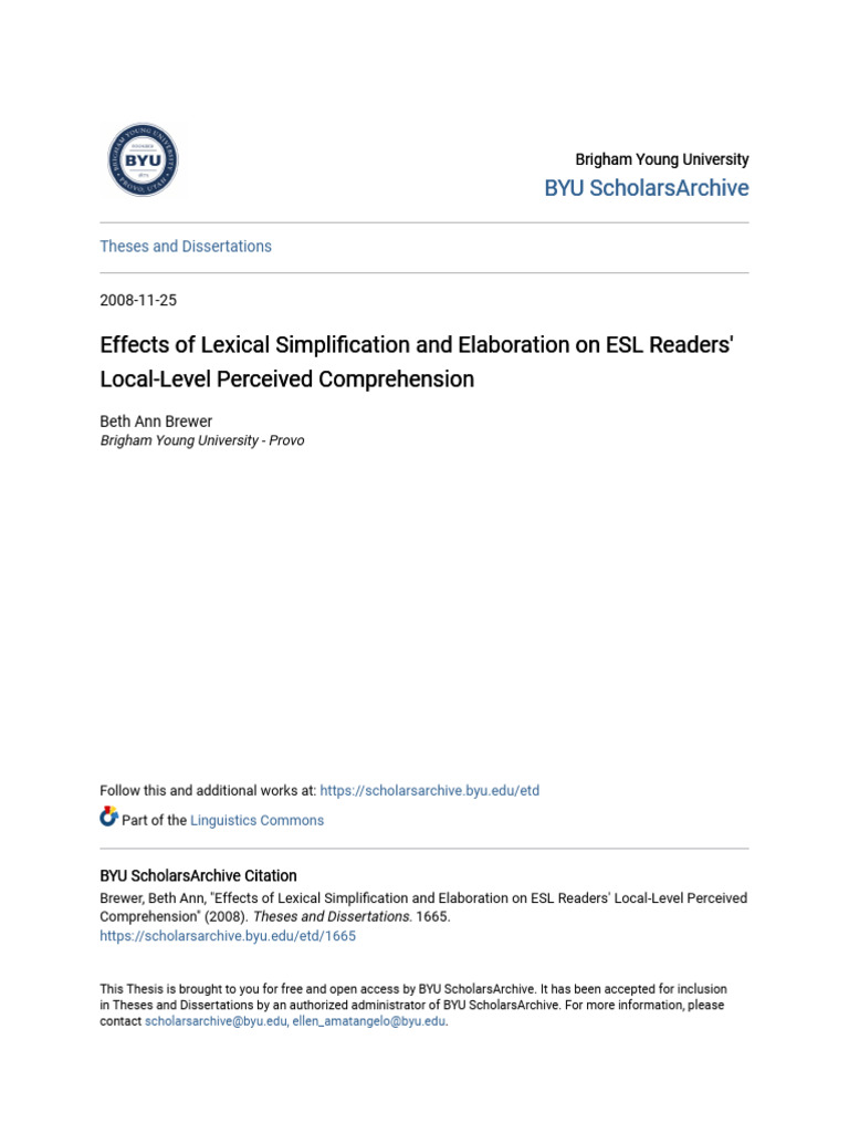 Effects of Lexical Simplification and Elaboration on ESL Readers | PDF | Reading Comprehension ...