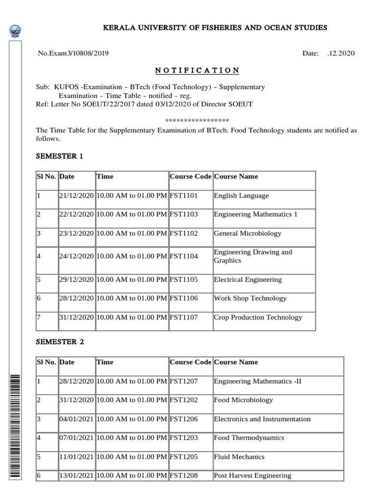 KUFOS BTech Food Tech Supplementary Exam Timetable | PDF