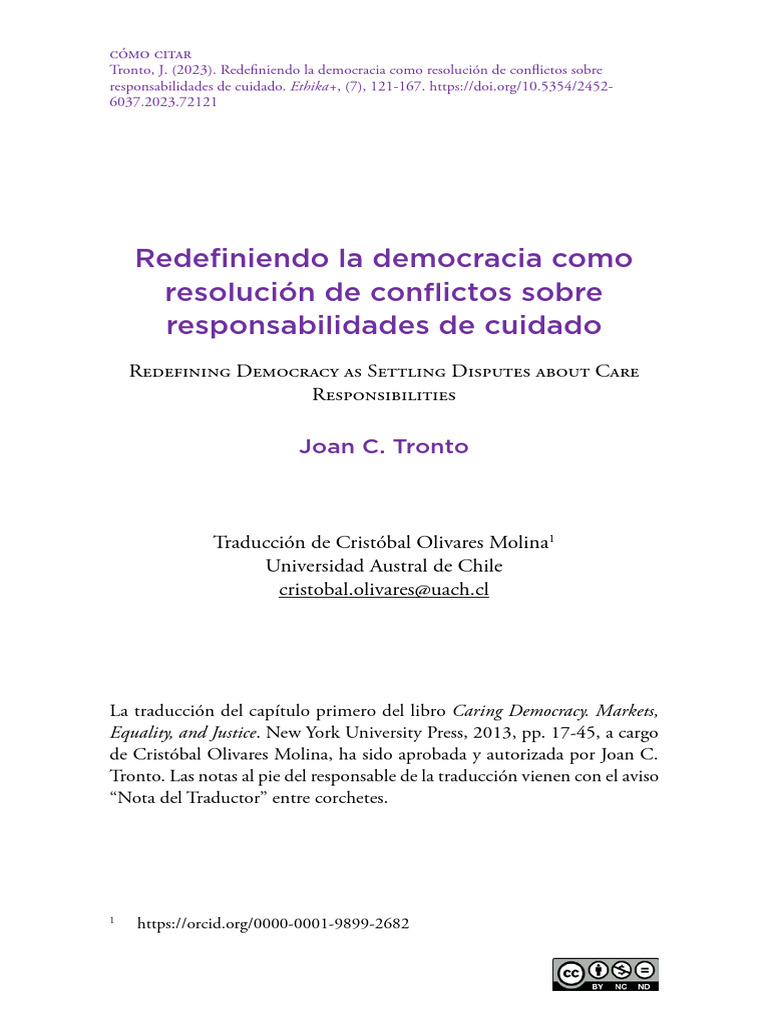 Joan C. Tronto - Redefiniendo La Democracia Como Resolucion de Conflicos Sobre Cuidado | PDF ...