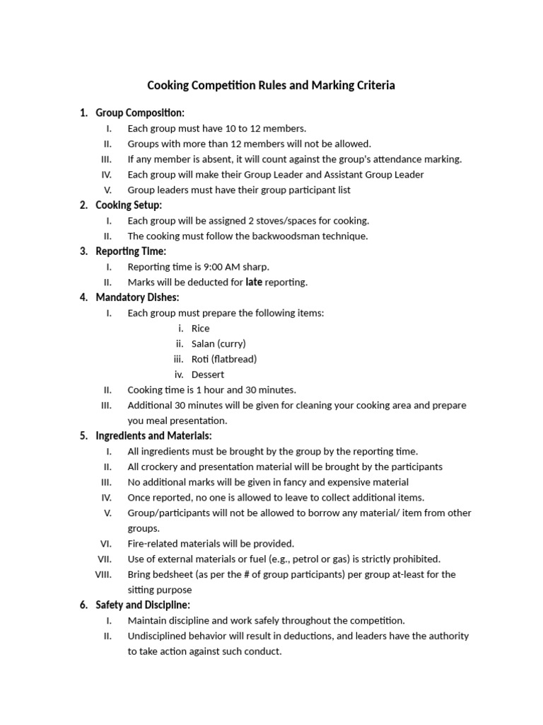 Cooking Competition Rules and Marking Criteria | PDF | Cooking | Home