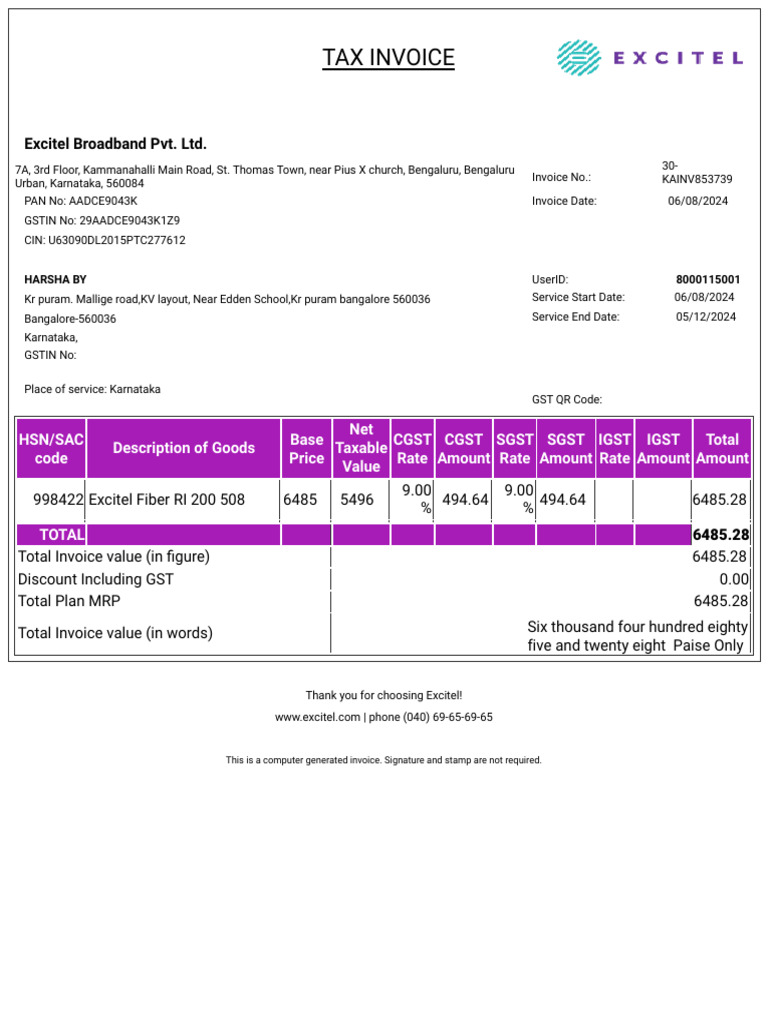 Excitel Broadband Tax Invoice 2024 | PDF | Payments | Narendra Modi