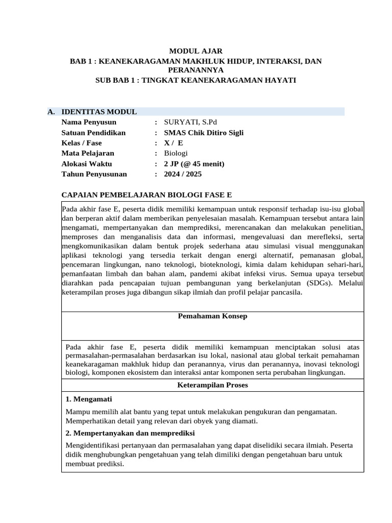 Modul Ajar Biologi Kelas X Kurikulum Merdeka | PDF