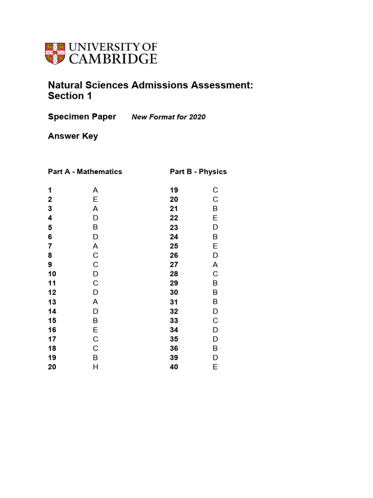NSAA Specimen 2020 Section 1 Answer Key | PDF