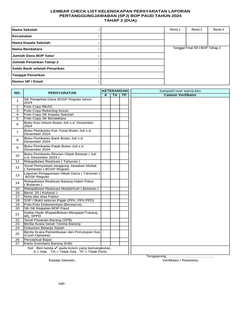 Checklist SPJ BOP PAUD 2024 | PDF