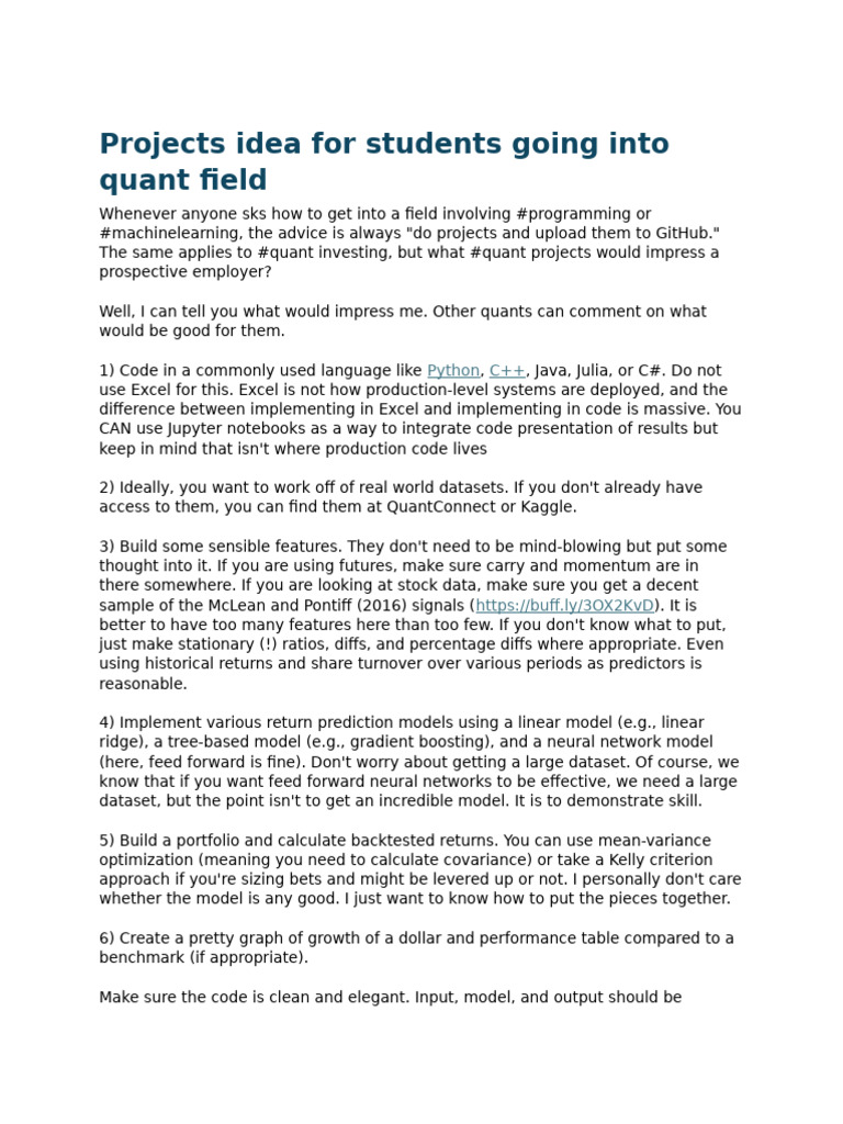 Projects Idea For Students Going Into Quant Field | PDF | Applied Mathematics | Computing