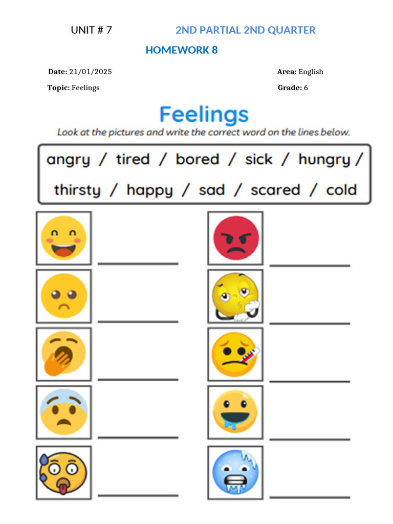 6to English January 21 Homework 8 Feelings | PDF