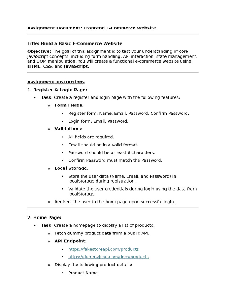 Assignment Document: Frontend E-Commerce Website | PDF | Java Script ...