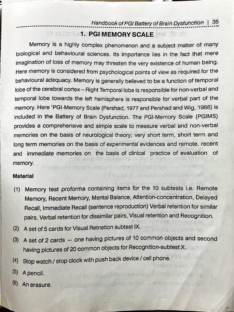 PGI Memory Scale for Brain Dysfunction | PDF | Memory | Temporal Lobe