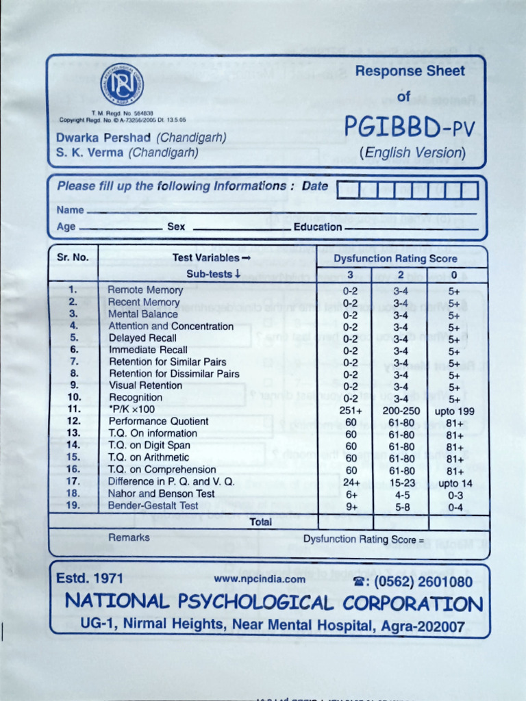 PGI- test response sheet | PDF | Cognition | Neuroscience