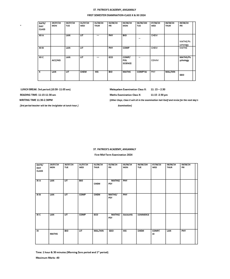 1st Semester and 1st Mid Term Time Table | PDF