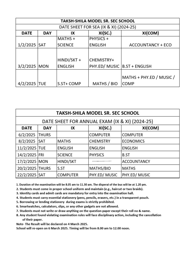 SEA & Annual Exam Date Sheet 9 & 11 | PDF
