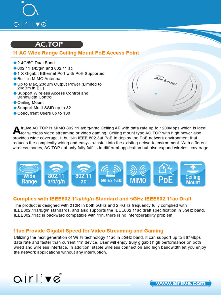 AirLive_AC.TOP_Specsheet(1) | PDF | Ieee 802.11 | Wireless Access Point
