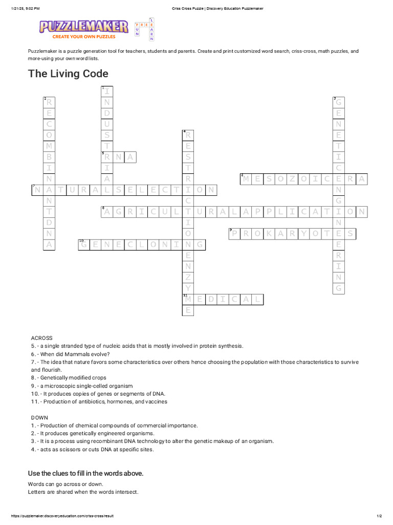 Criss Cross Puzzle - Discovery Education Puzzlemaker | PDF