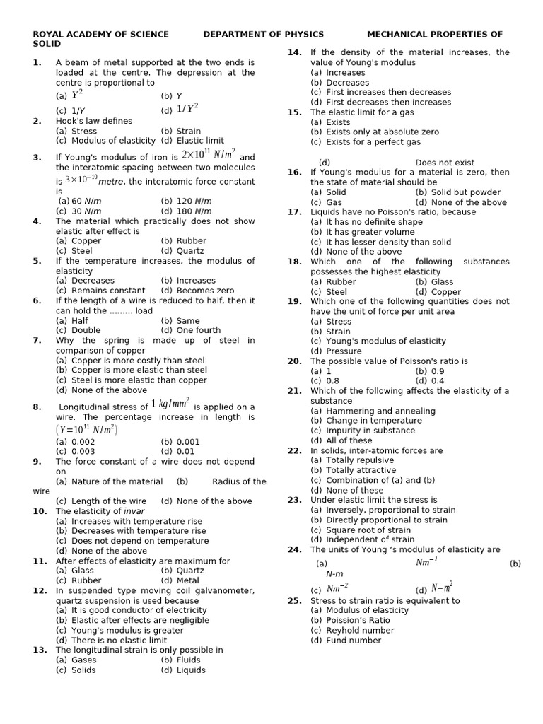 Mechanical Properties of Solids Quiz | PDF | Young's Modulus ...