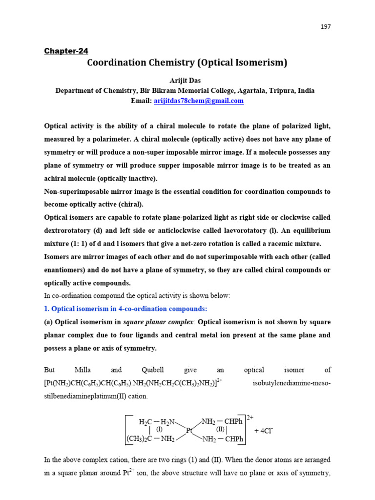 Chapter-24 Coordination Chemistry (Optical Isomerism) Pp197-203 | PDF ...