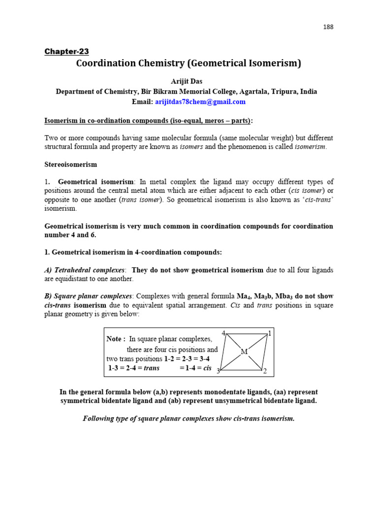 Chapter 23 - Coordination Chemistry (Geometrical Isomerism) PP 188-196 | PDF | Coordination ...