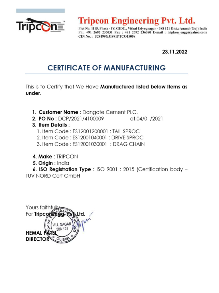 Certificate of Manufacturing | PDF
