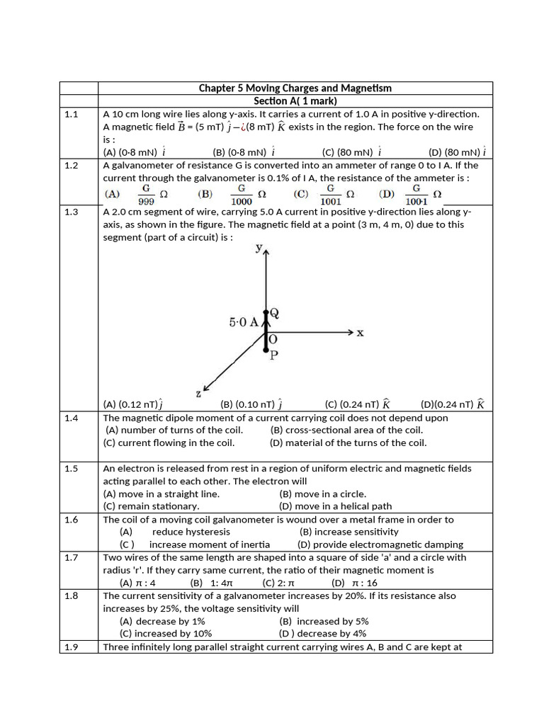 QP-Chapter 4 Moving Charges and Magnetism | PDF | Magnetic Field | Force