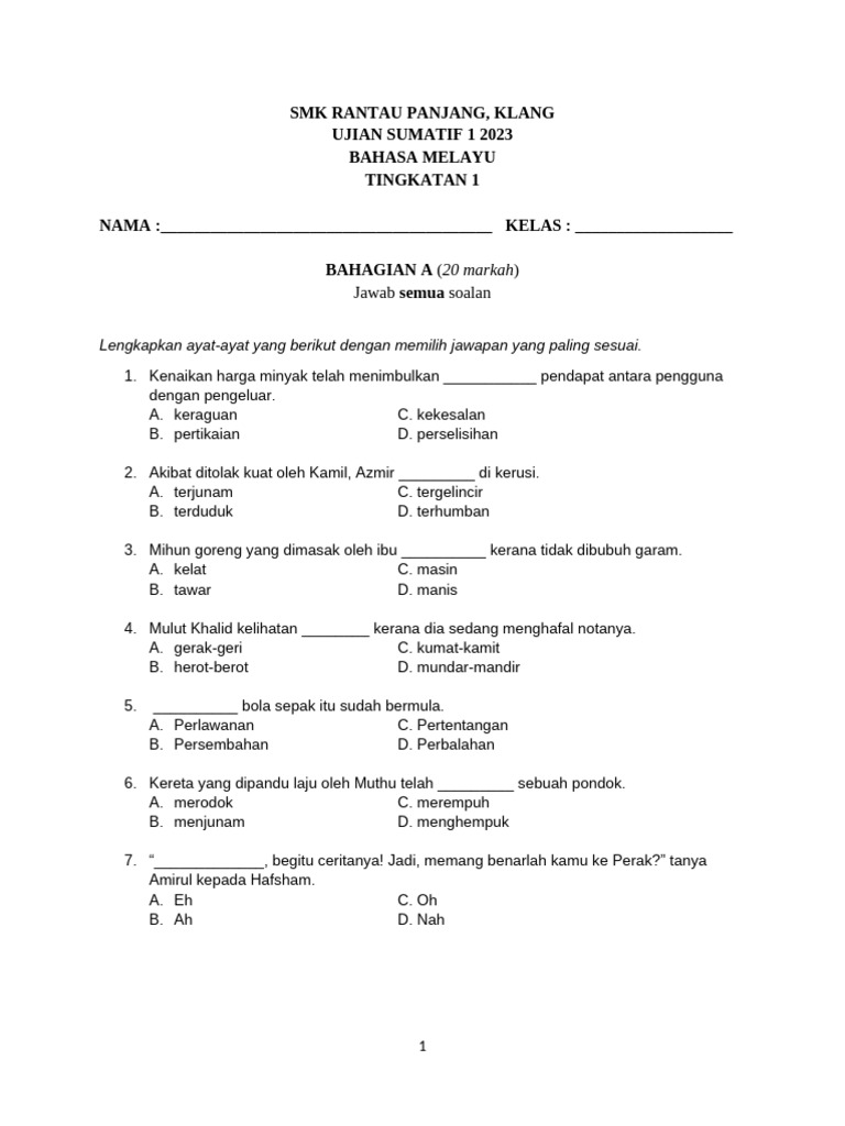 UJIAN 1 BM TINGKATAN 1 | PDF
