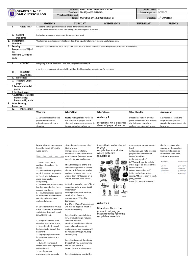 DLL_SCIENCE 5_Q1_W8 | PDF | Recycling | Waste