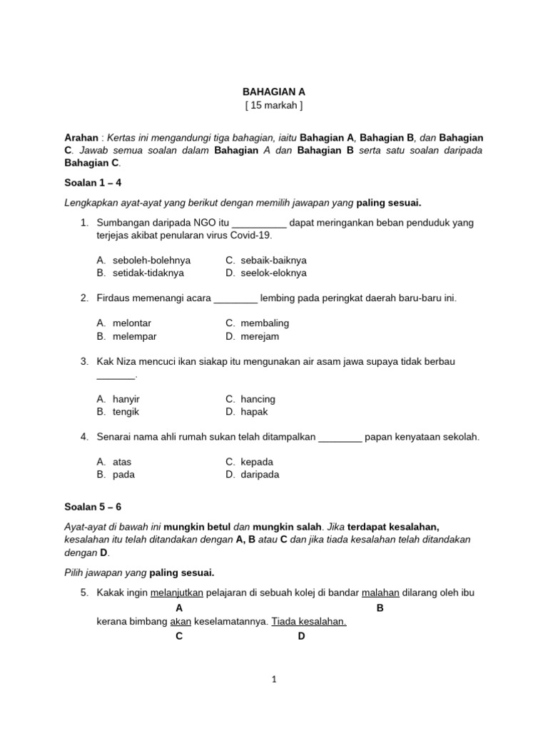 Bahagian A BM t1 | PDF