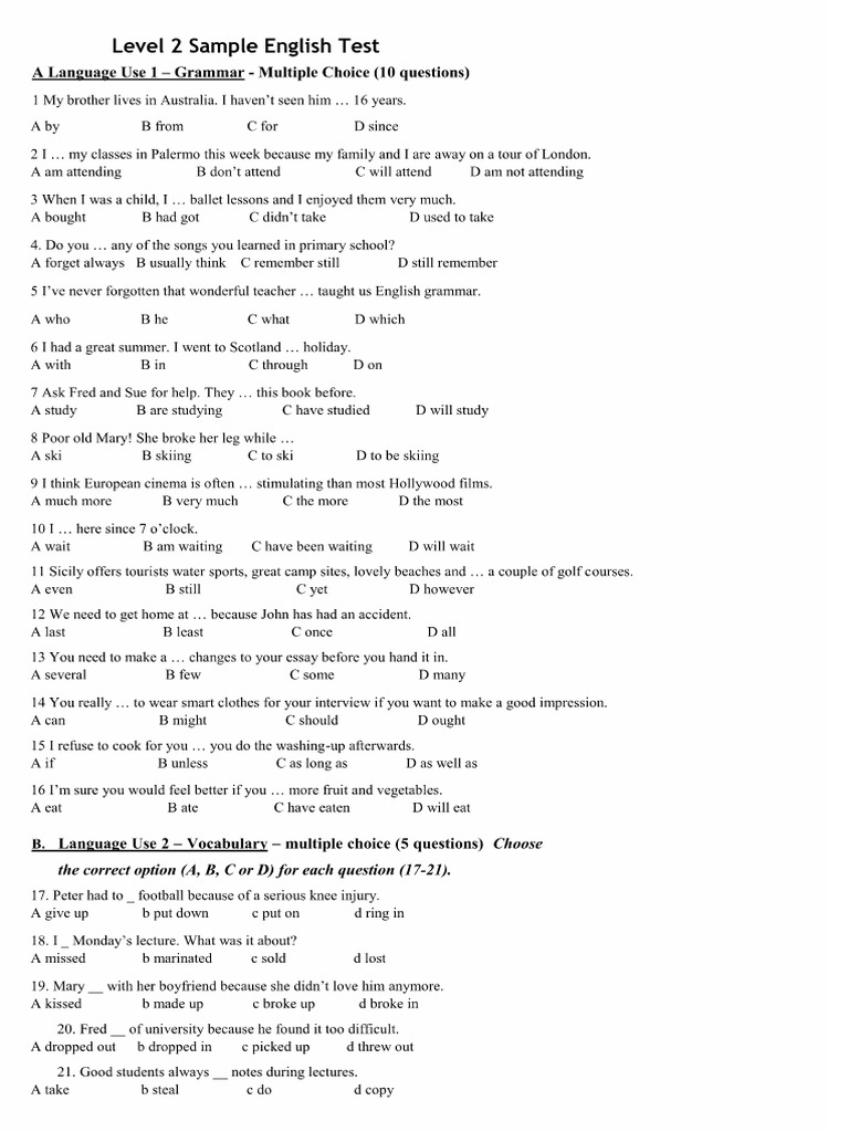 B2 Test Multiple Choice | PDF