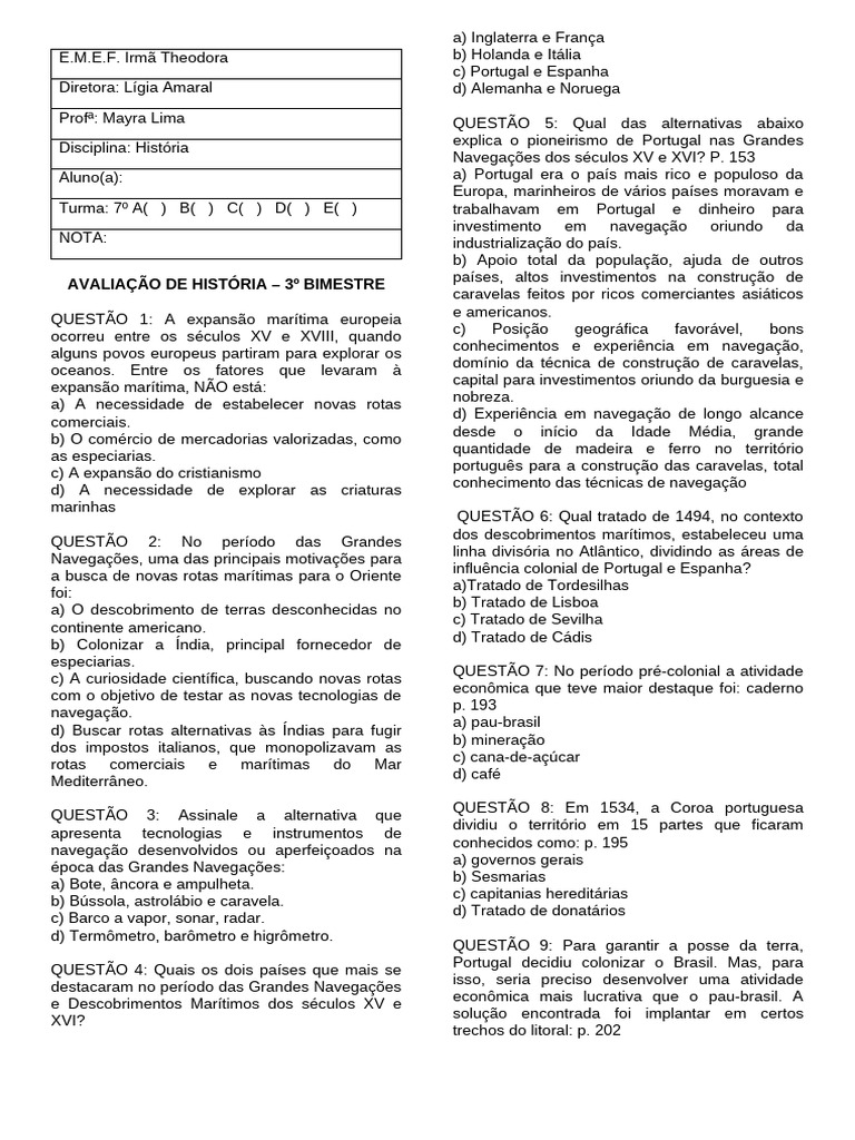 7ano Hist Mayra Aval 3bim | PDF | Era dos Descobrimentos | Portugal