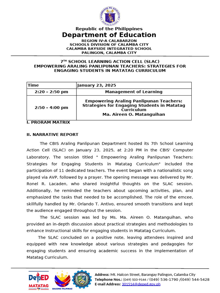 NARRATIVE REPORT SLAC | PDF | Curriculum | Teaching