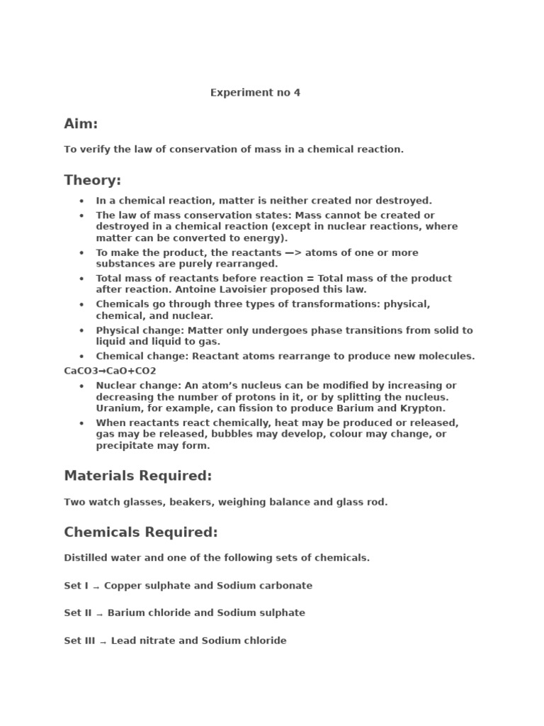 Conservation of Mass Experiment Guide | PDF | Chemical Reactions | Atoms