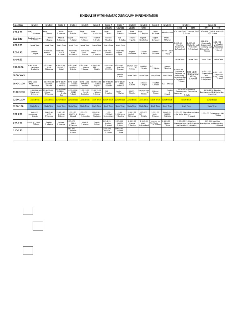 Schedule of Classes With Matatag Implementation Second Sem 1 | PDF