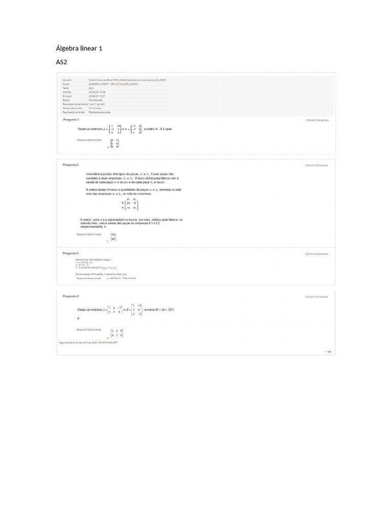 Álgebra Linear 1 Provas | PDF