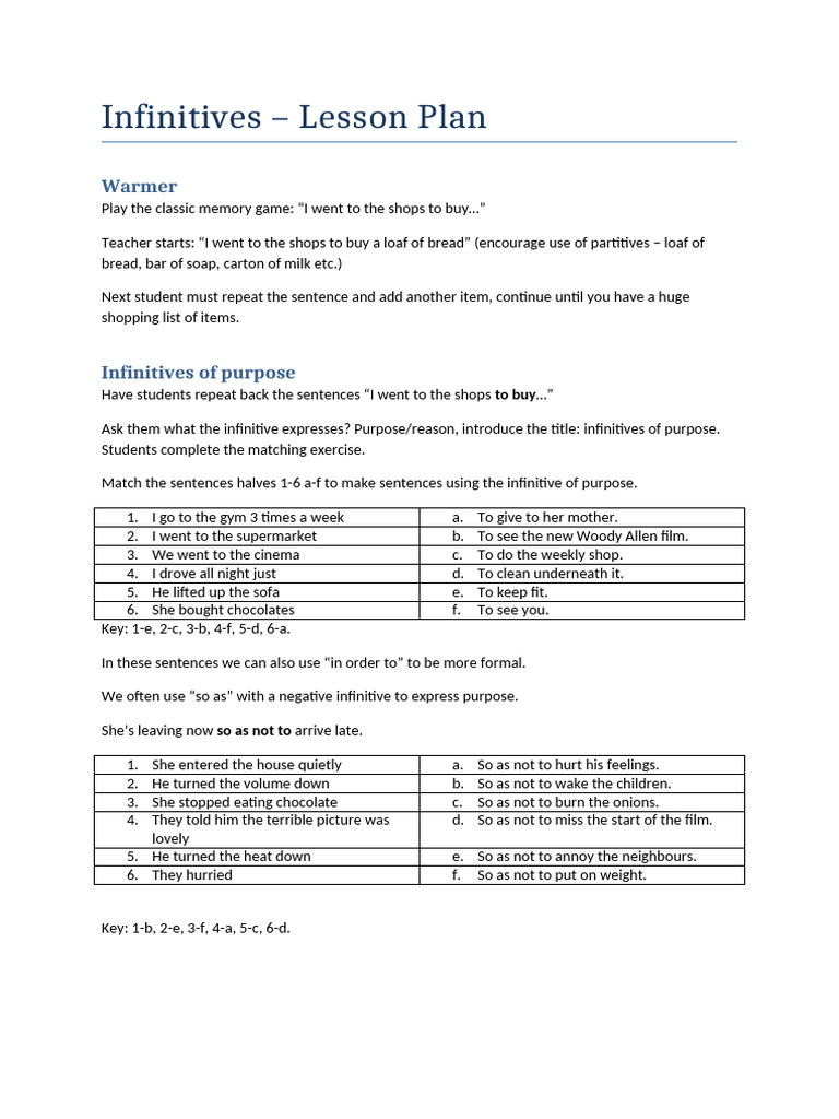 Infinitives Lesson Plan | PDF | Syntax | Linguistic Morphology