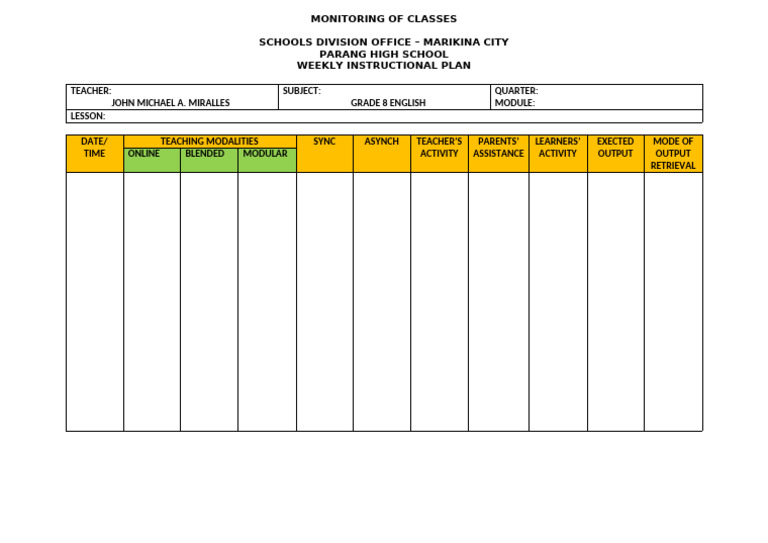 Grade 8 English Weekly Plan | PDF