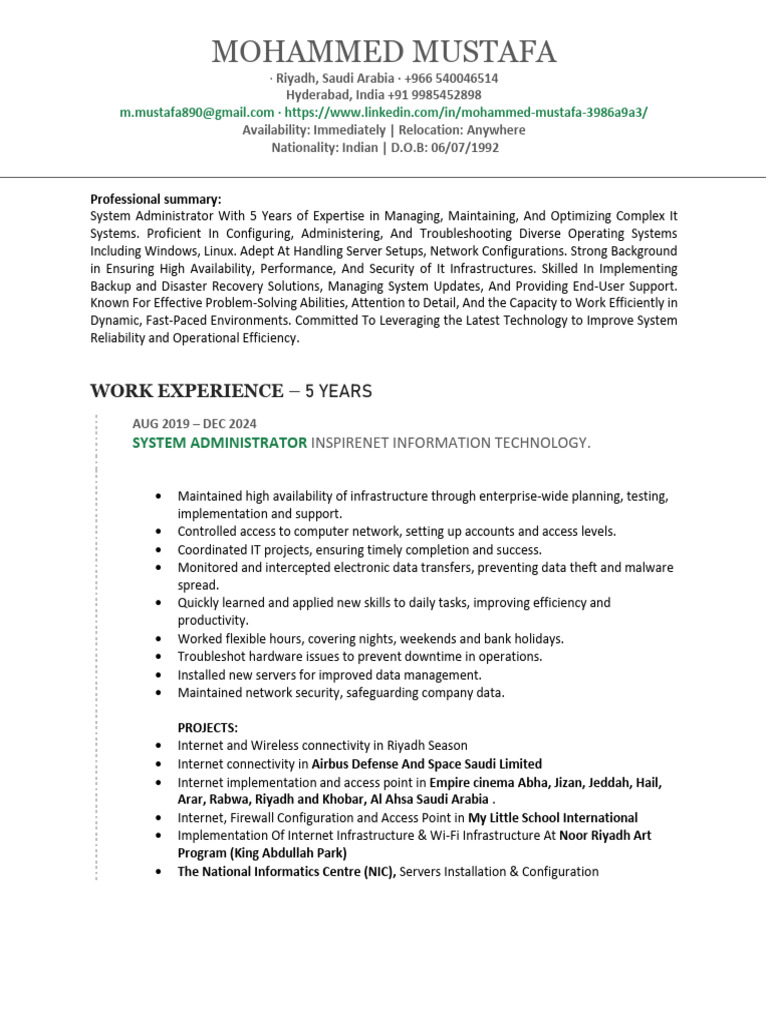 Resume - Mohammed Mustafa CV | PDF | Computer Network | Internet