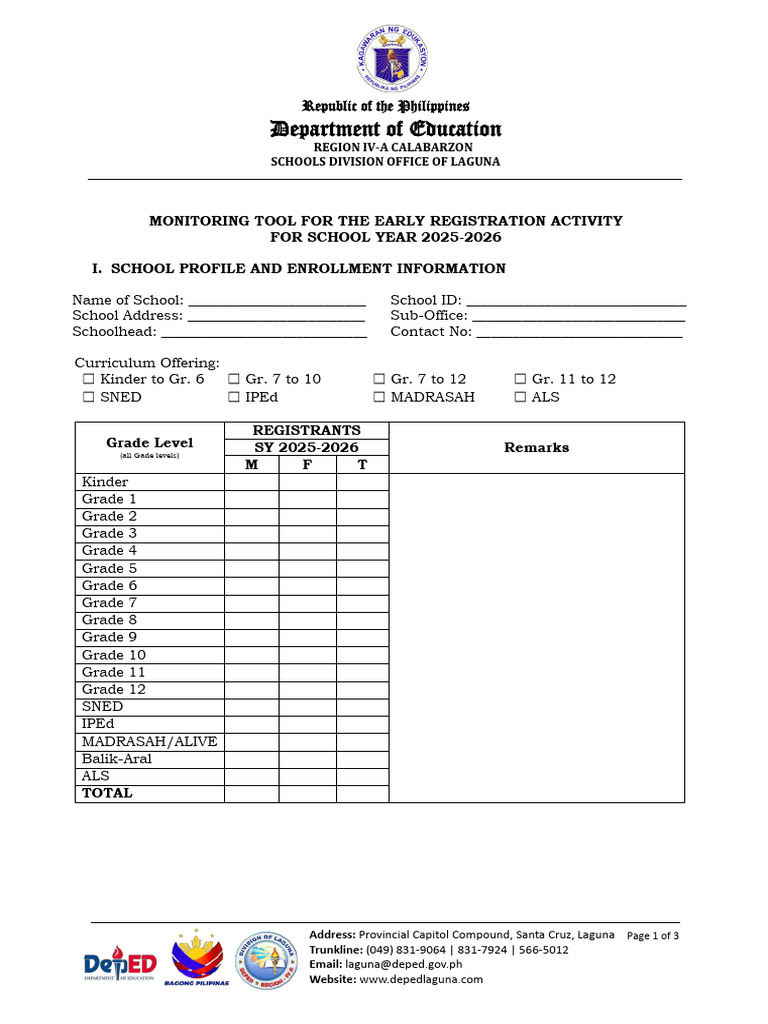 Early Registration Monitoring Tool SY 2025 2026 | PDF