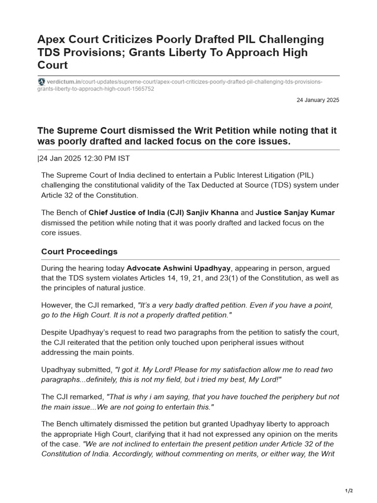 Verdictum - In-Apex Court Criticizes Poorly Drafted PIL Challenging TDS Provisions Grants ...