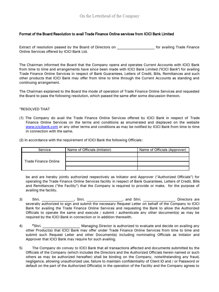 Board Resolution Form Trade Services | PDF