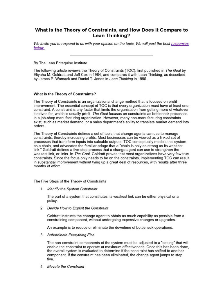 Theory of Constraints vs. Lean Thinking | PDF | Lean Manufacturing ...