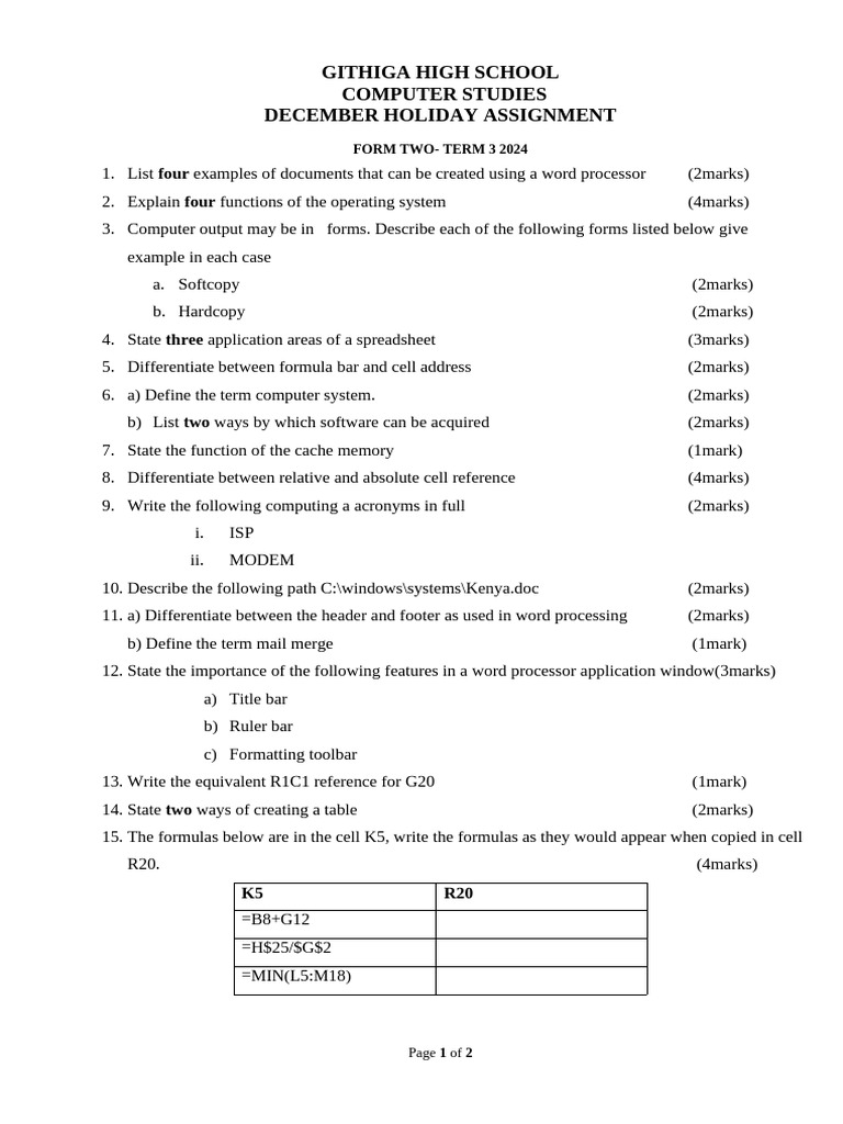 Form Two Computer Studies Holiday Assignment | PDF | Spreadsheet | Word Processor