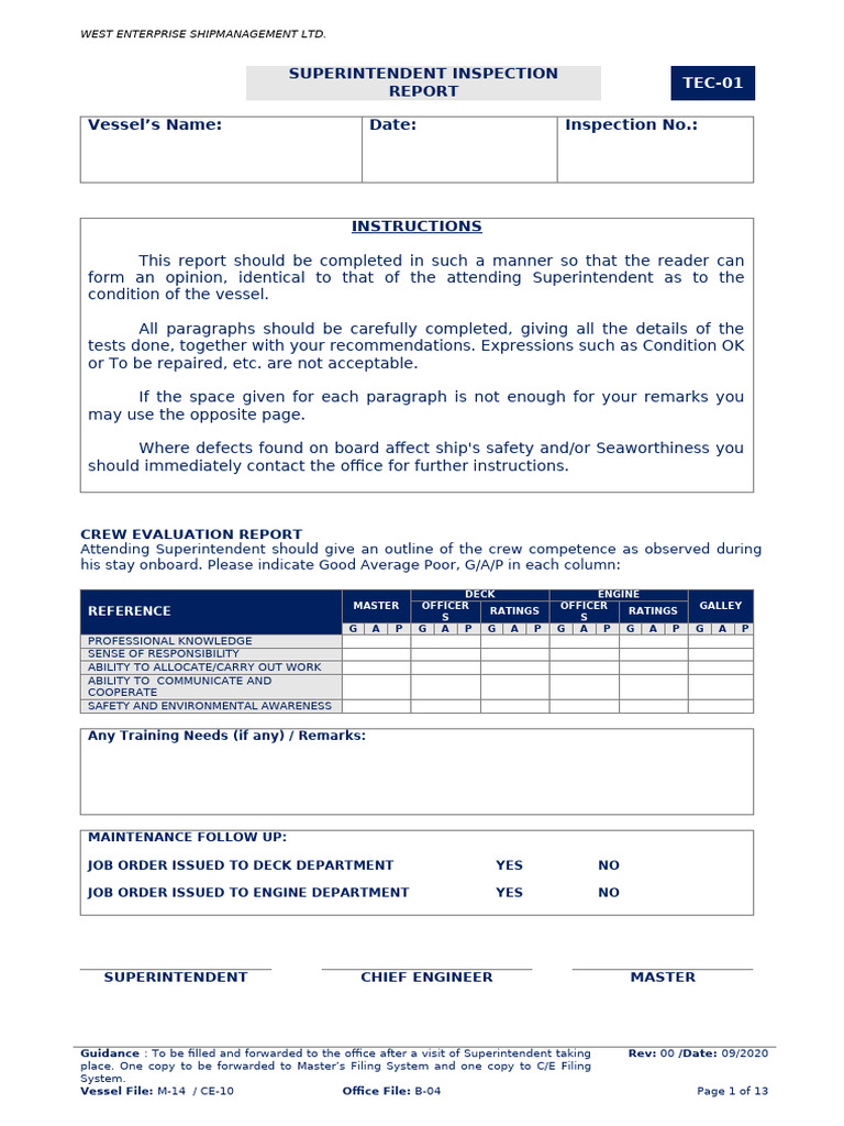 Superintendent Inspection Report TEC-01 | PDF | Ships | Watercraft