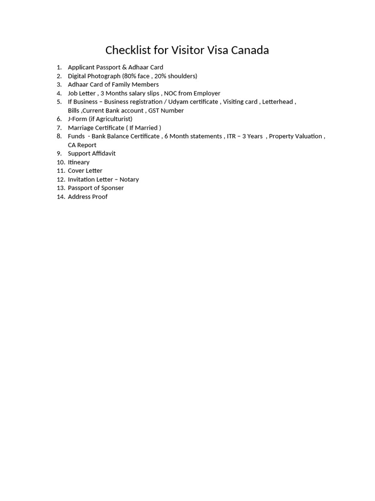 Checklist For Visitor Visa Canada | PDF