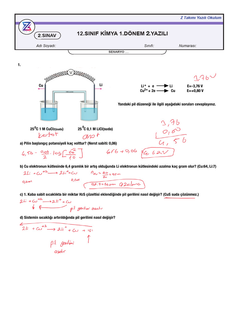 12sinif-kimya-1.donem-2.yazili-sorulari | PDF
