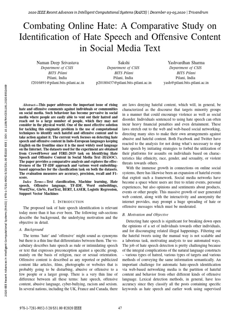 Combating Online Hate A Comparative Study On Identification of Hate ...