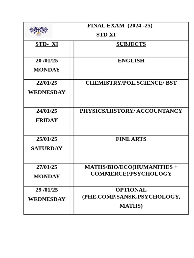 Date Sheet Final Exam STD Xi (2024-25) - 3 | PDF
