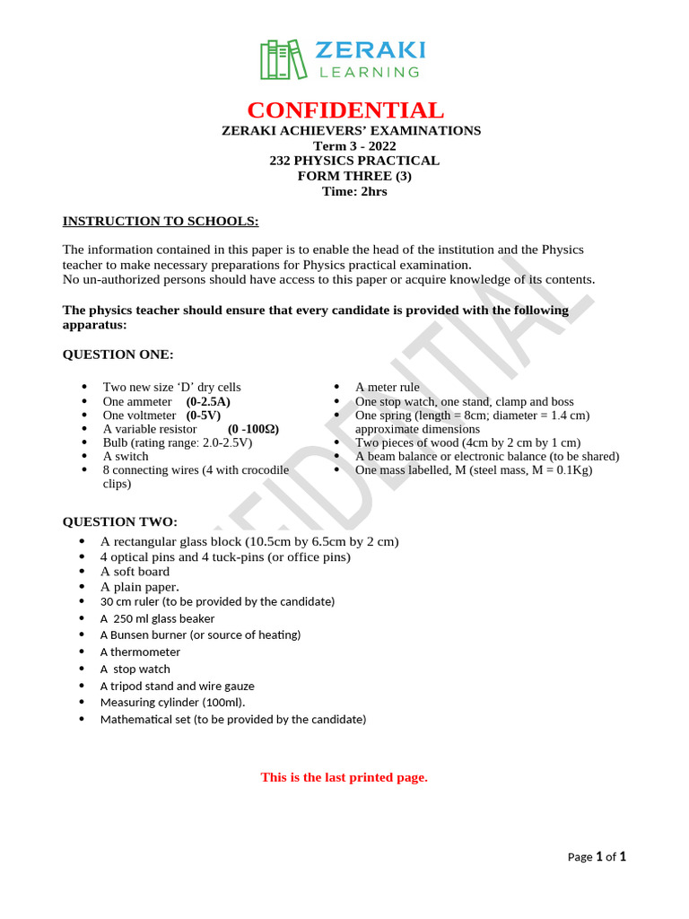 Physics - Physics Form 3 Confidential Report - Zeraki Achievers 5.0 - Question Paper | PDF