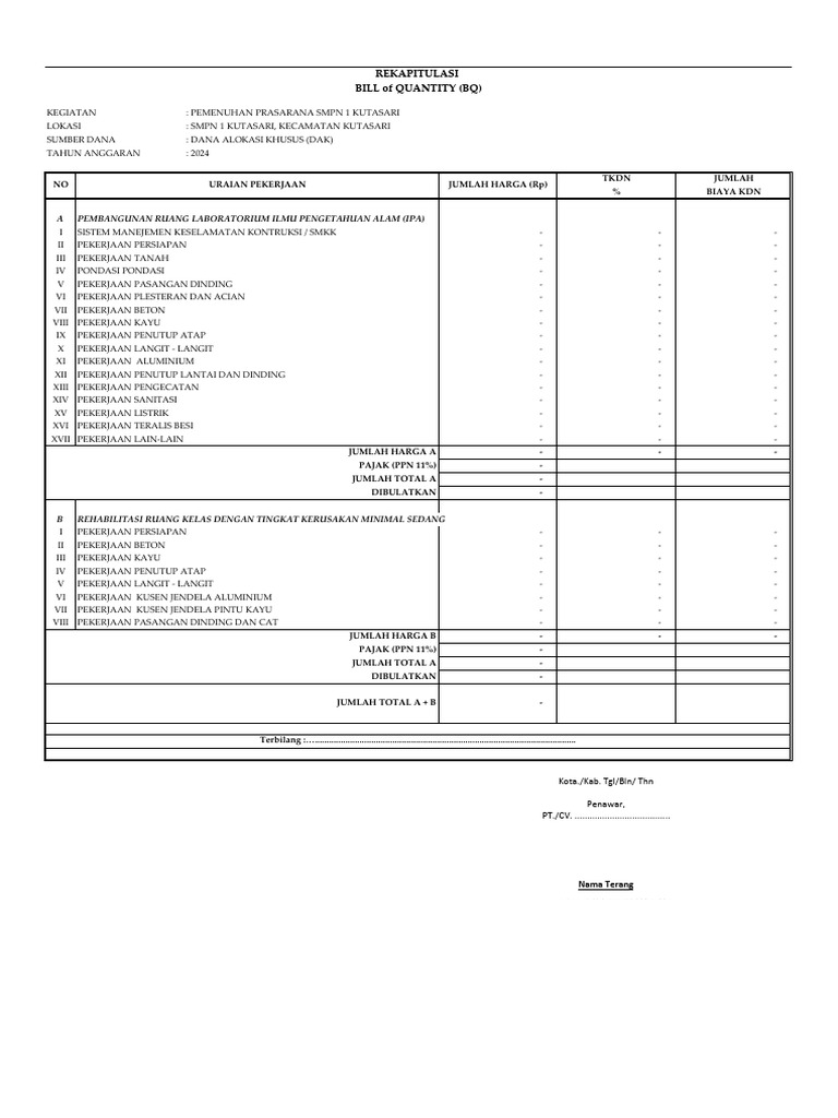 BOQ SMP N 1 Kutasari Rev 14 JUNI 1 | PDF