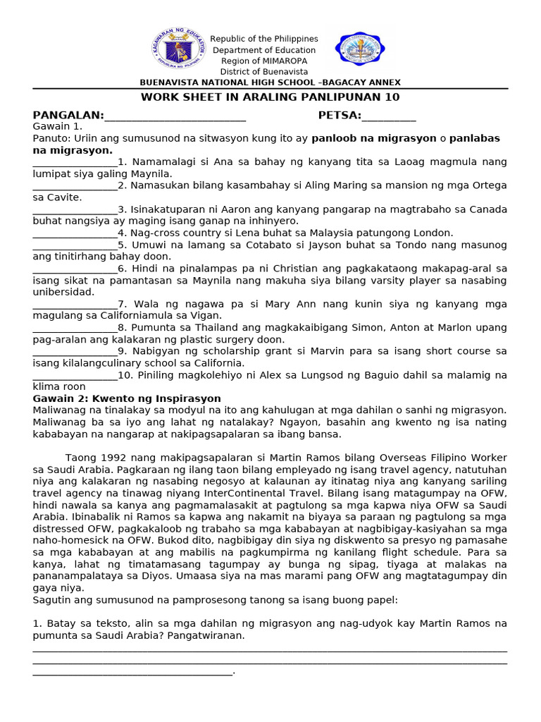 Worksheets in AP10 | PDF