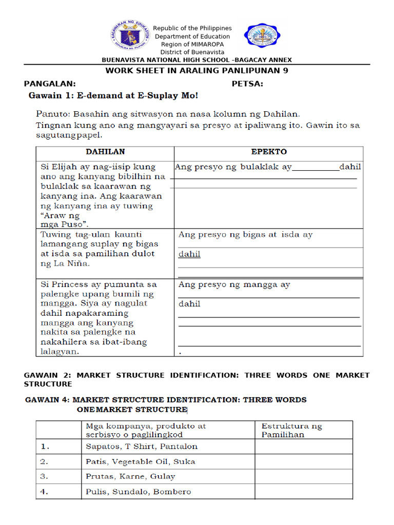 Worksheets in Araling Panlipunan 9 | PDF