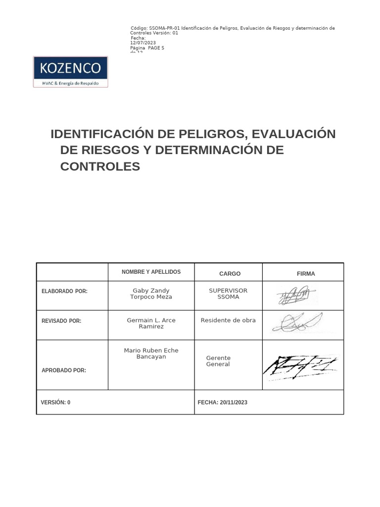 PROCEDIMIENTO DE MATRIZ IPERC-2023 Identificación Peligros Evaluación Riesgos y Determinación ...
