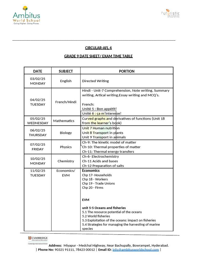 CIE - Grade 9 - Timetable and Syllabus Sheet | PDF